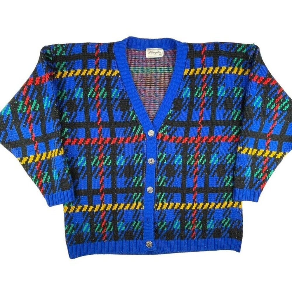 Vintage Margules 80s Cardigan Sweater Blue Plaid Mult… - Gem